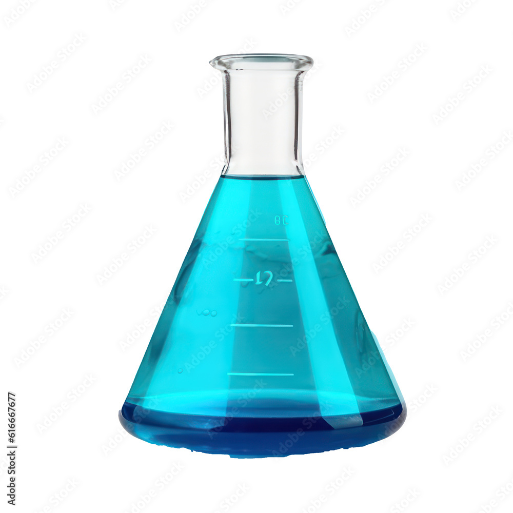 Erlenmeyer chemical flask with blue detergent isolated on transparent ...