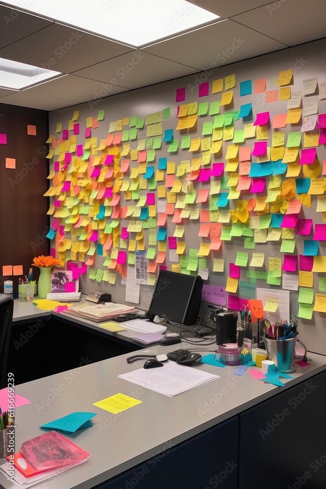 sticky notes with reminders on cubicle wall, created with generative ai ...