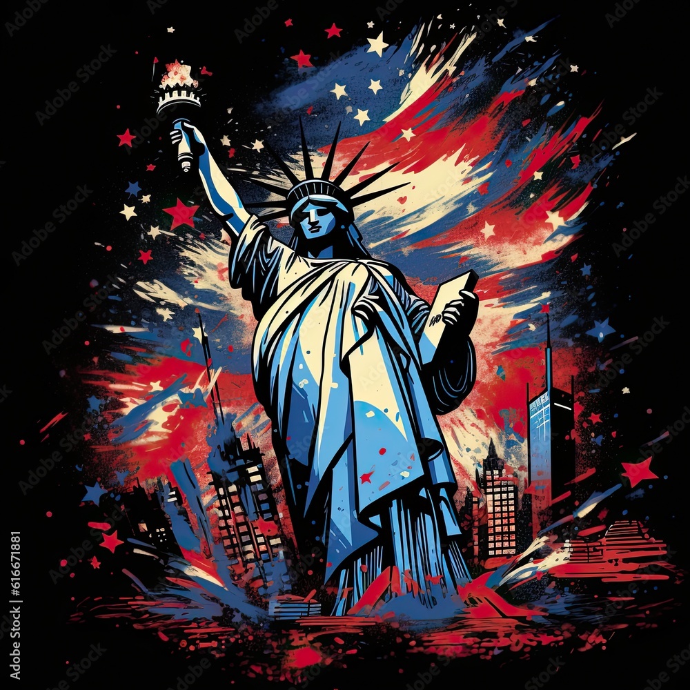 Statue of Liberty. American symbols of freedom. Red, blue, white ...