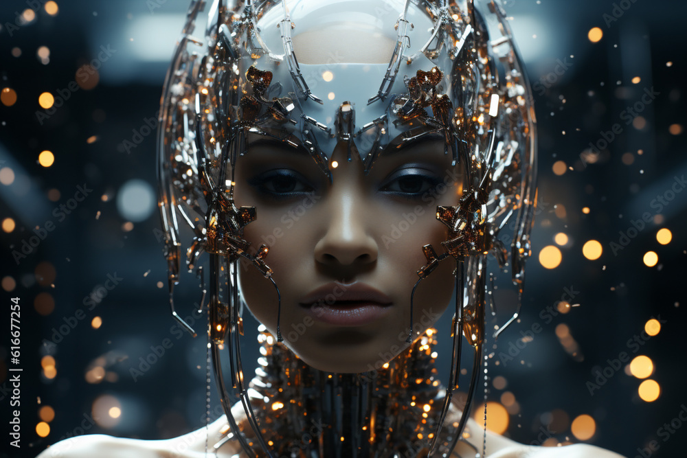 Beautiful female cyber fashion robot on the futuristic techno ...