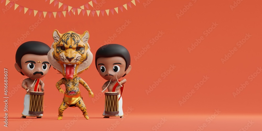 3d render kerala, onam festival, Chenda melam and puli dance, character ...