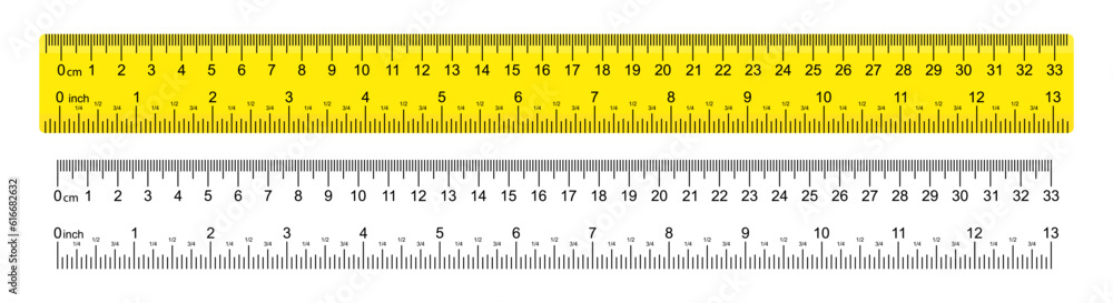 Ruler marked with centimeters, inches and combined rectangular shapes ...