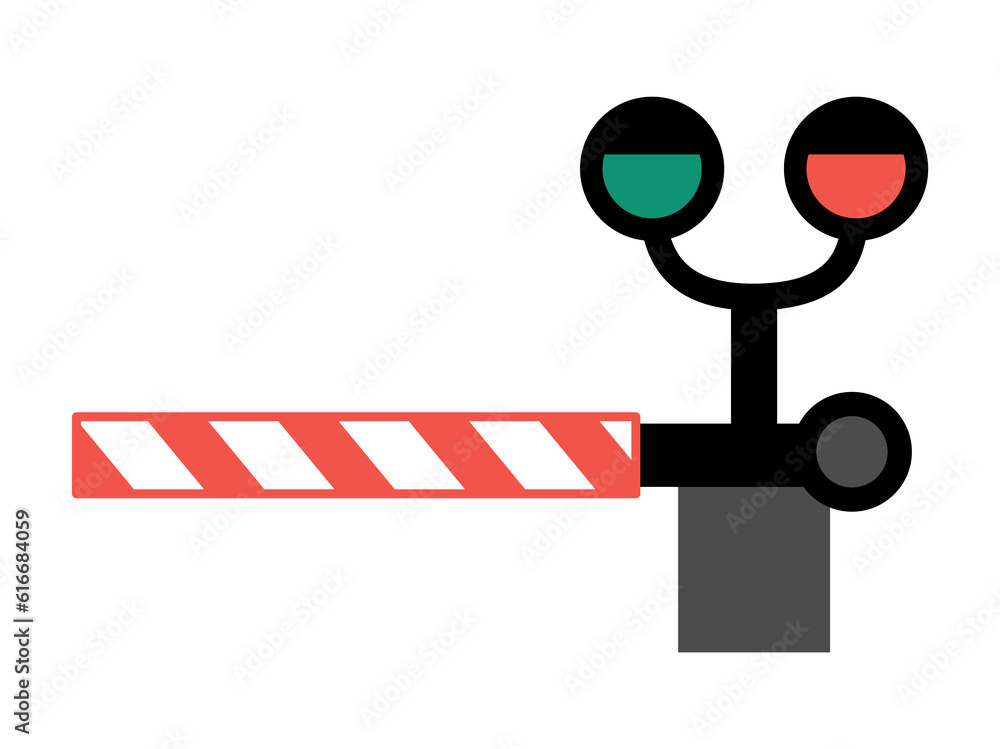 Vector railroad barrier with traffic lights. Railway gate with ...