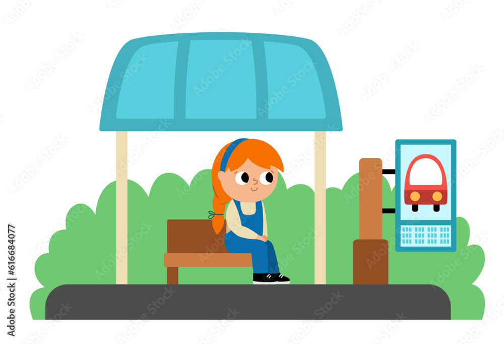 Vecteur Stock Vector bus stop icon with waiting girl. Cartoon public ...