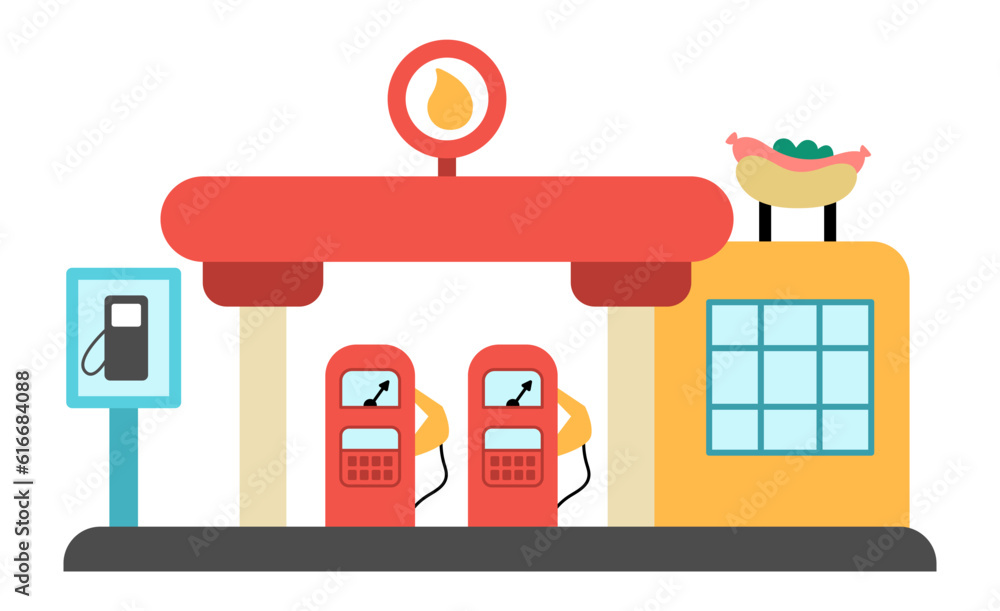 Vector gas station icon. Gasoline or fuel stop with cafe, tanks, and sign. Petrol filling ...