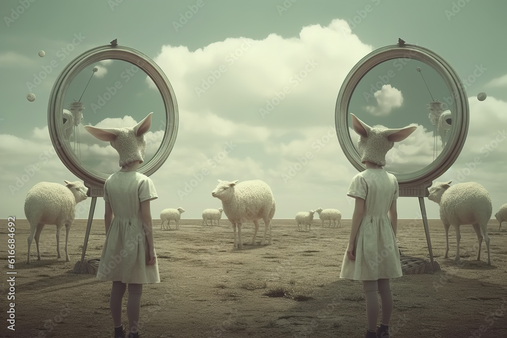 Cloning, twins, genetic biology science surreal illustration. Rear view ...