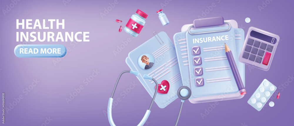 3D health insurance banner, family hospital vector healthcare safety ...