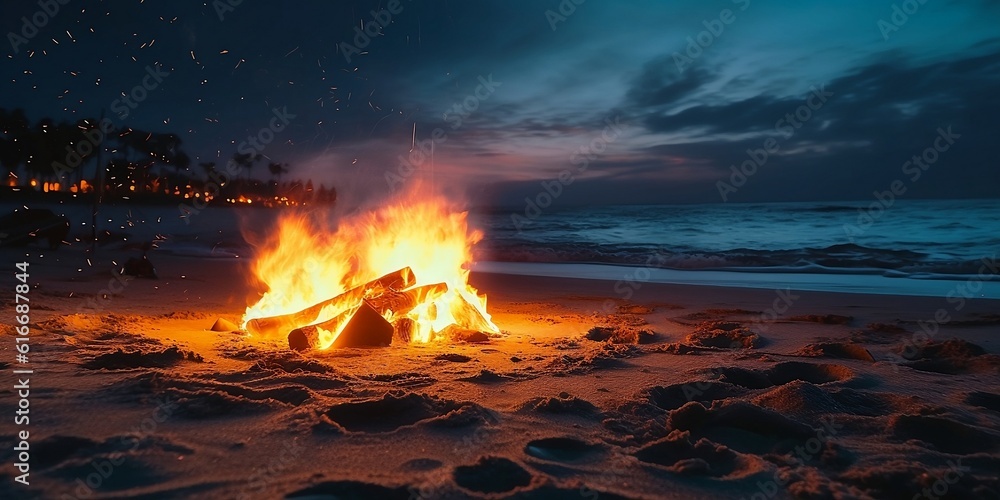 On the sandy beach a small fire with logs burns, in the distance in the ...