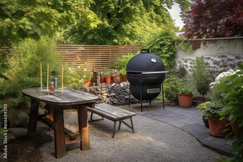 Beautiful garden landscape design for backyard garden with lesure lounge, bbq, flowers, terrace ...