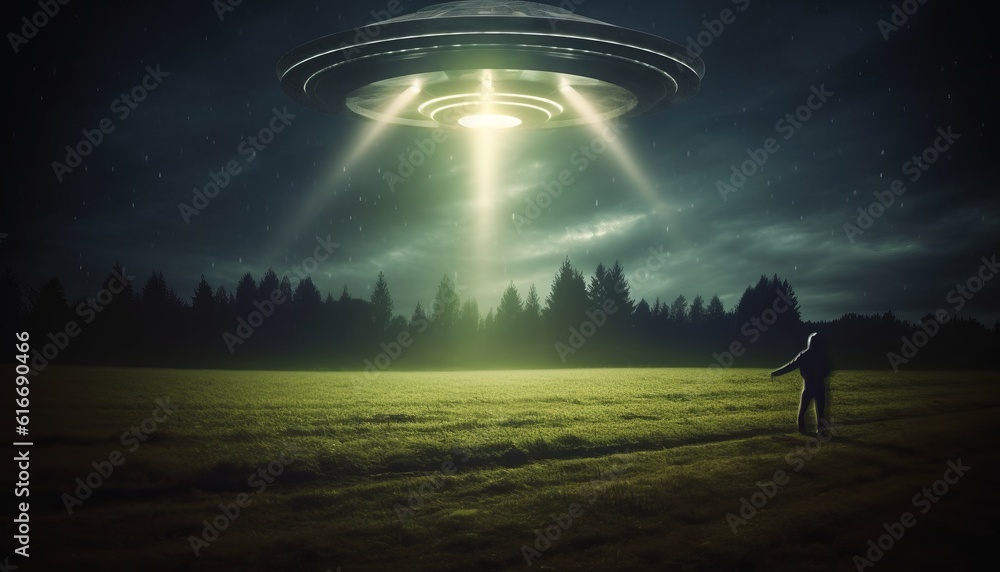 Illustrazione Stock Mysterious alien spaceship abduction scene. Surreal ...