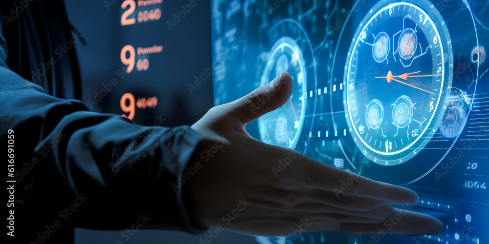 Innovative chronobiologist adjusting virtual circadian clock, blurry ...