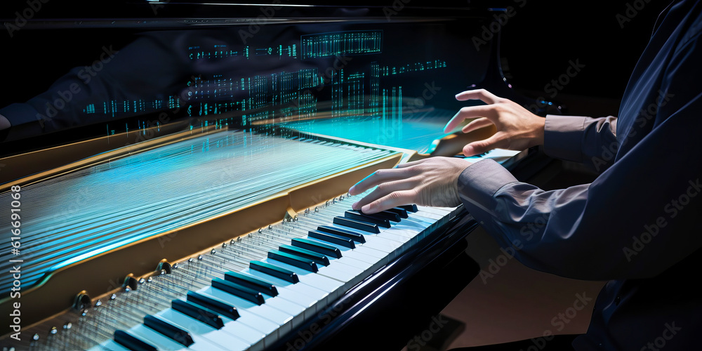 Stunning technician fine-tuning grand piano, expertly adjusting strings ...
