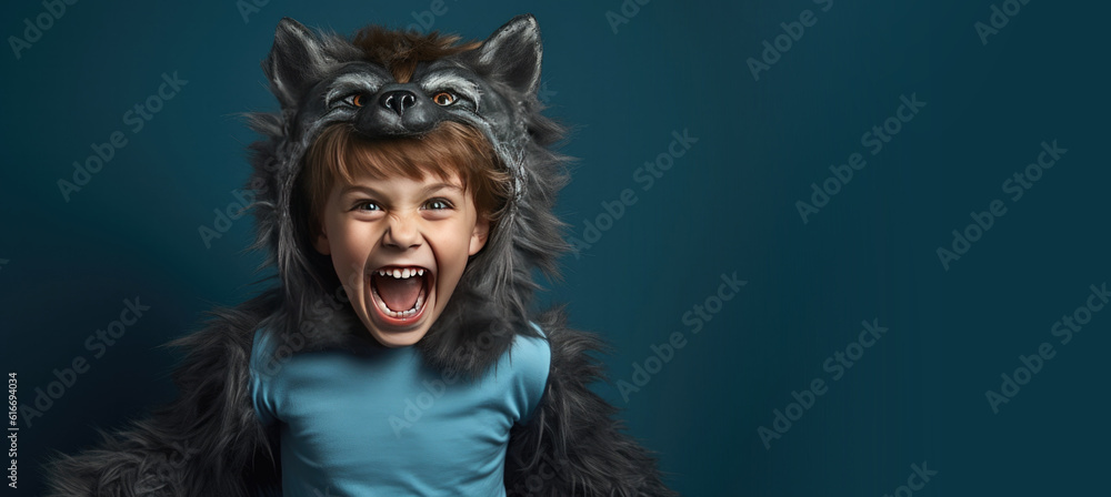 Cute Young Boy Dressed as a Werewolf for Halloween on a Blue Banner ...