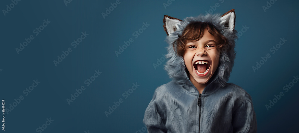 Cute Young Boy Dressed as a Werewolf for Halloween on a Blue Banner ...