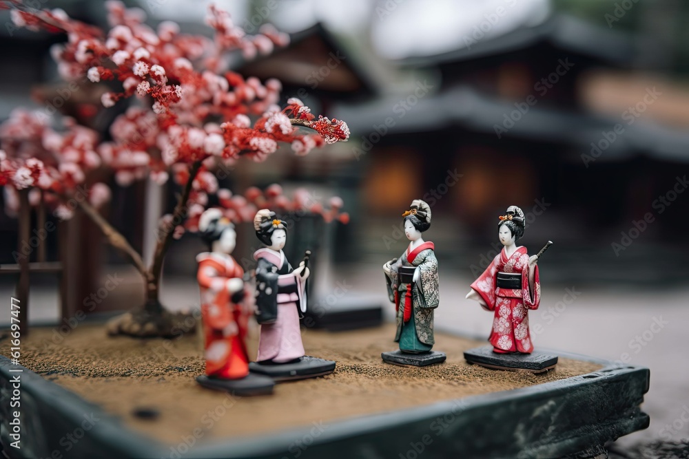 Miniature geisha in kimono. Japanese Asian diorama. Small woman in ...