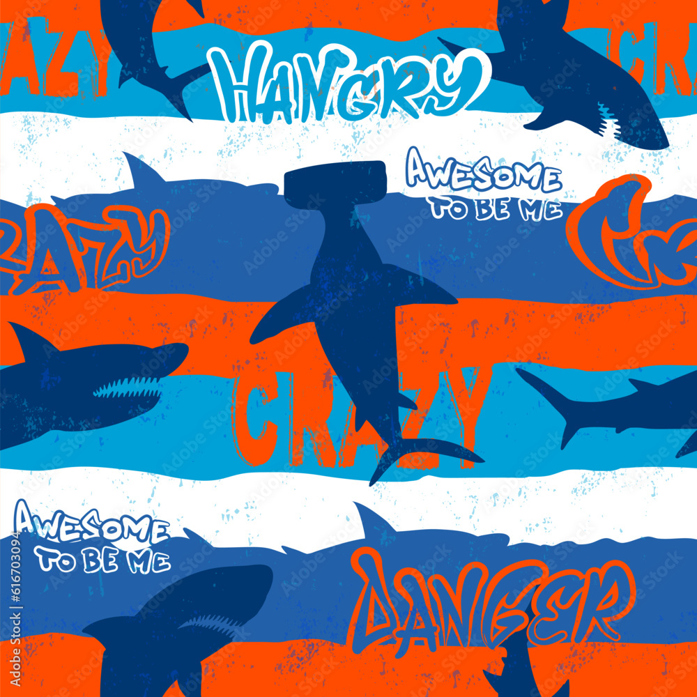 Abstract seamless pattern with shark silhouette on grunge line ...
