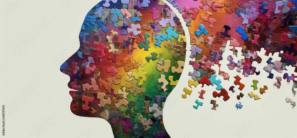Colorful head made of puzzle pieces. Each piece represents a unique ...