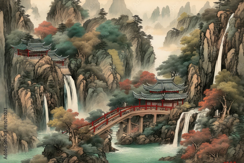 Chinese painting style landscape. asian traditional culture ...
