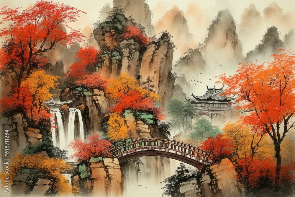 Chinese painting style landscape. asian traditional culture ...