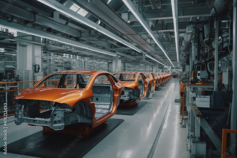 Robotic conveyor line for car assembly. Modern workshop with automated ...