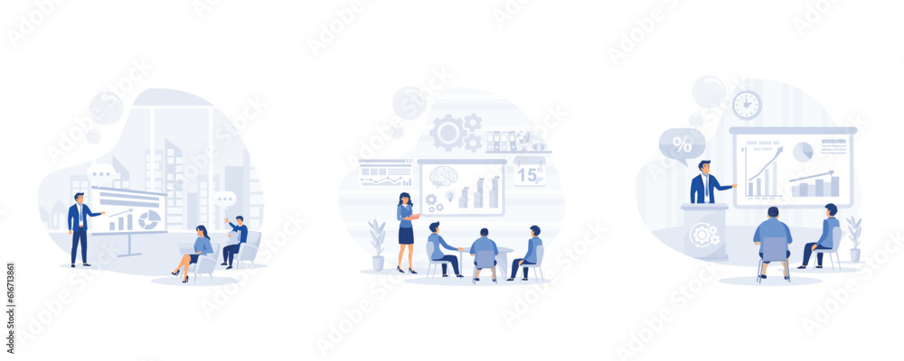 Business coach speaking in front of audience, Using Pie Diagrams and ...