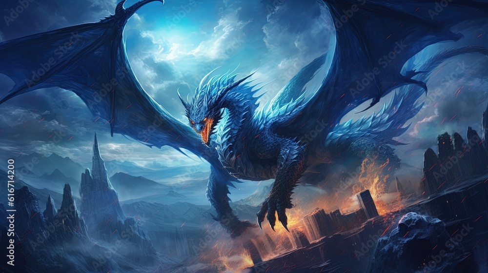 A background of a raging dragon with a blue backdrop, generated by ai ...