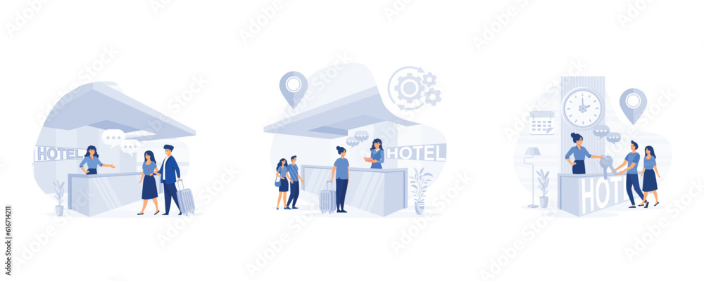 Receptionist job, Check into hotel. Man and woman at reception counter ...