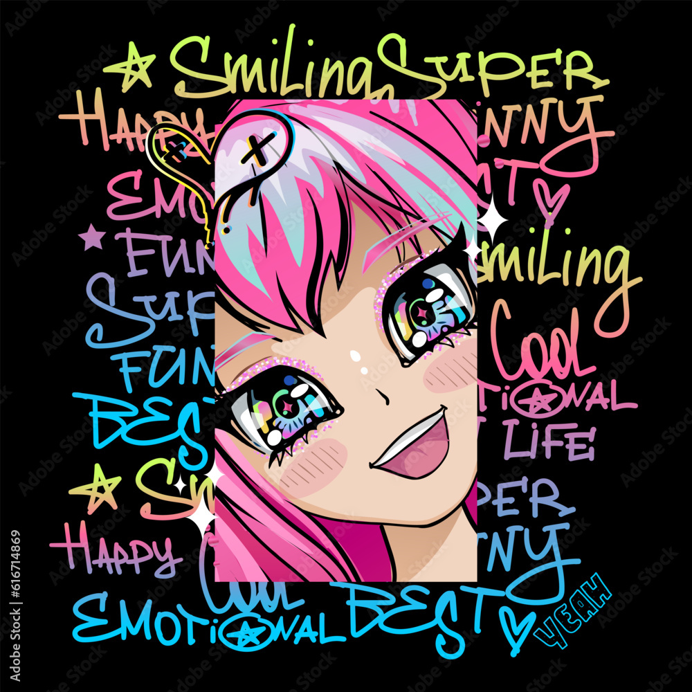 Smiling face Anime girl print. Fashion girl illustration. Manga style ...