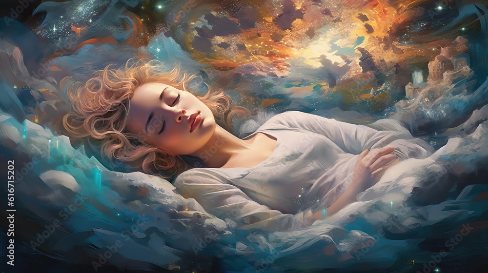 Image of a person sleeping, connected to an ethereal world where ideas materialize, showing ...