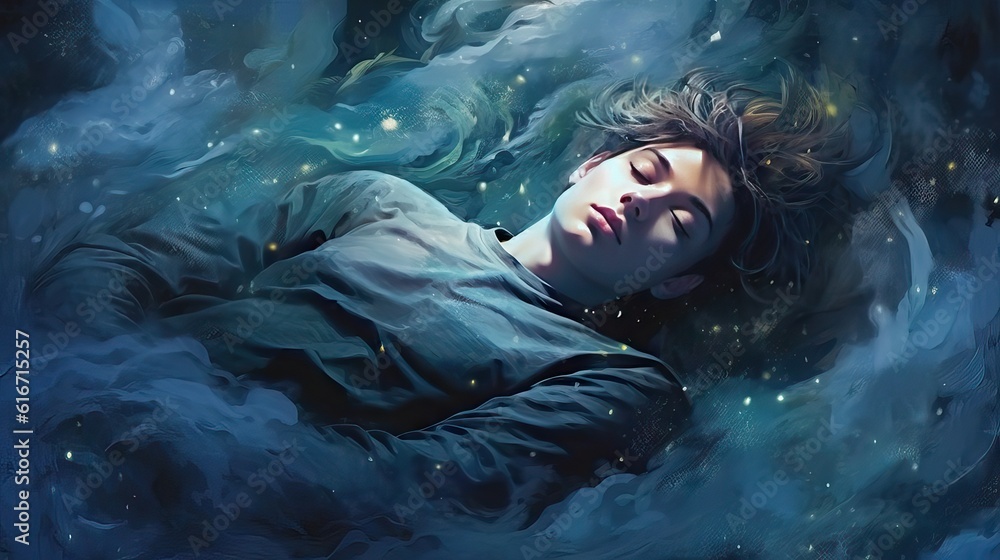 Image of a person sleeping, connected to an ethereal world where ideas ...