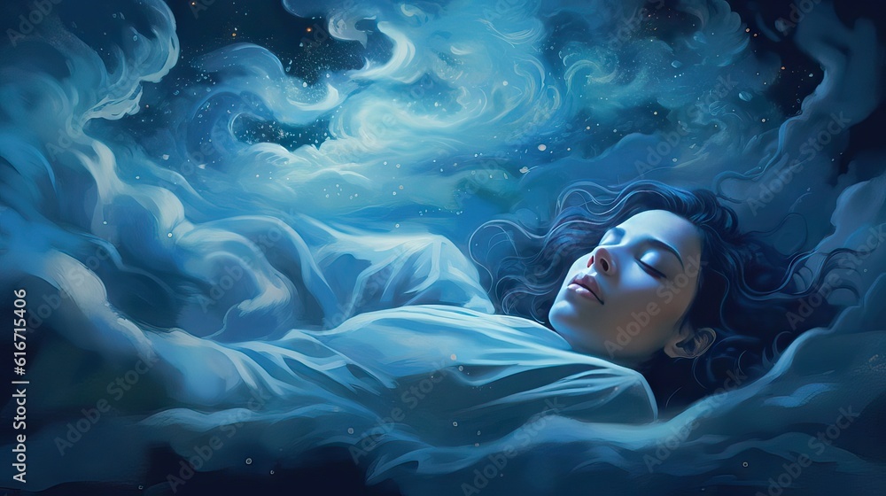 Image of a person sleeping, connected to an ethereal world where ideas ...