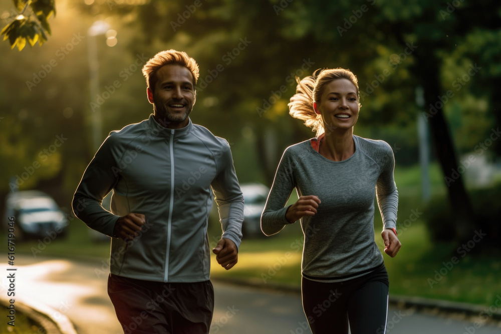 Active couple running together in city park. Male and female athletes ...