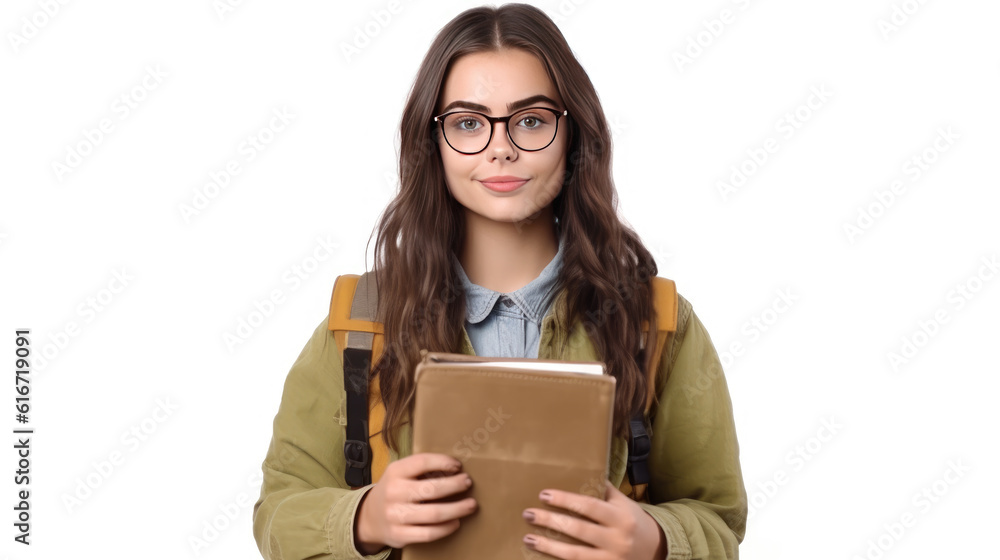 Young student woman wearing glasses and backpack holding books and ...