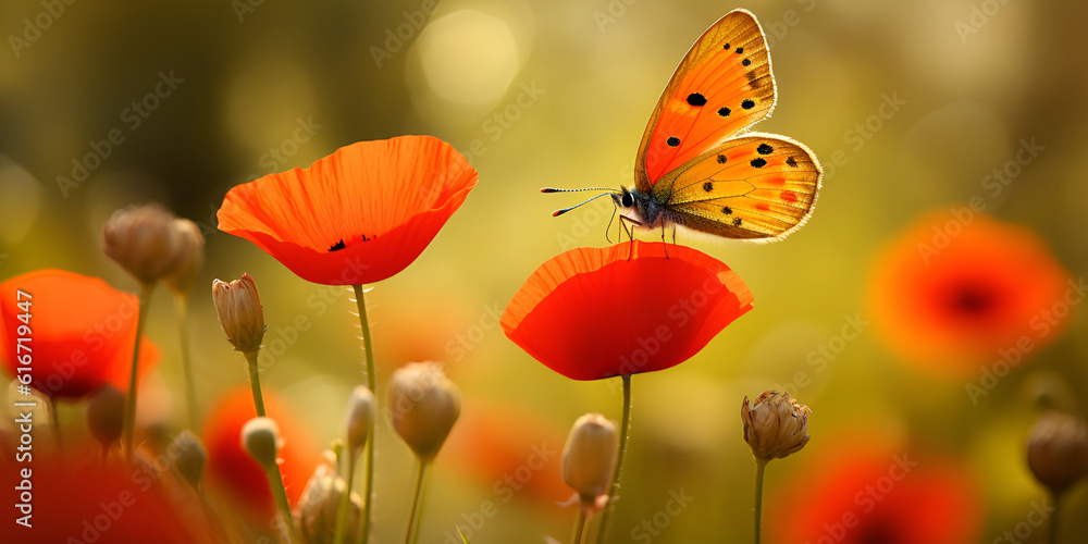 A red poppy in a field with a butterfly flying over it. Beautiful red ...