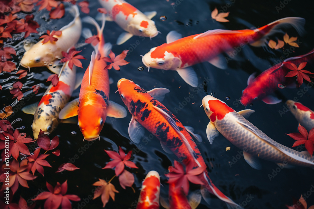 Group of colorful koi fish swimming in a serene Japanese pond, top ...