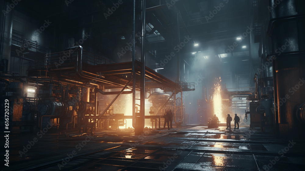 Highly detailed industrial scenery, large factory, well - lit interior ...
