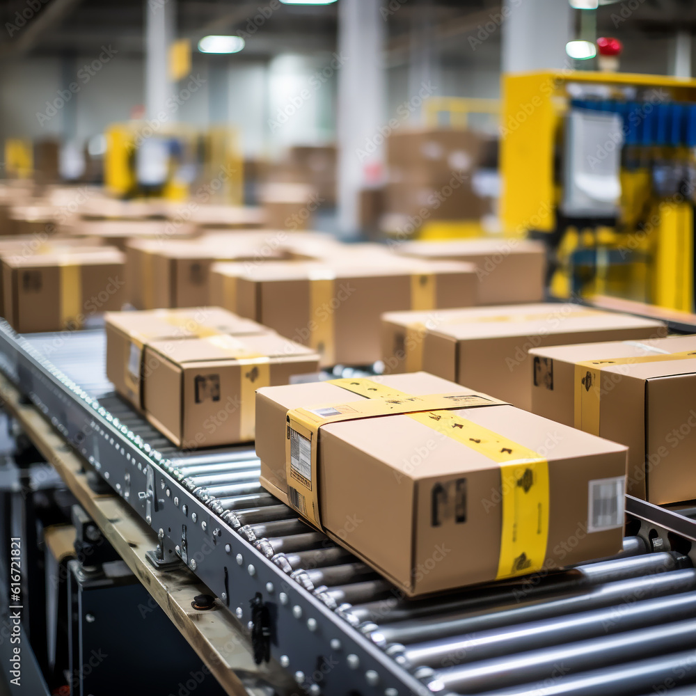 Closeup of multiple cardboard box packages seamlessly moving along a ...