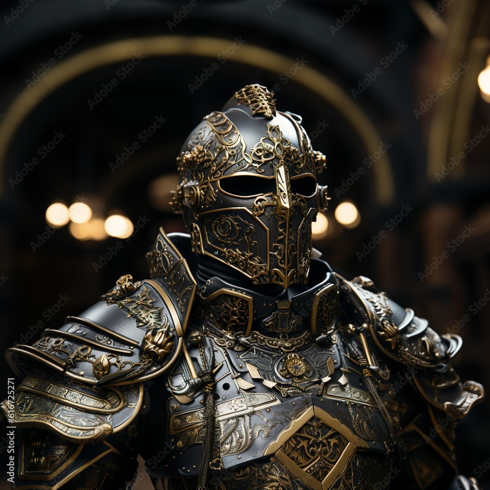 Steampunk knight in black with golden texture. Created with Generative ...