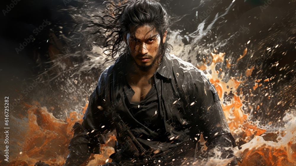 Half body view of a samurai being hit by water from behind. Created ...