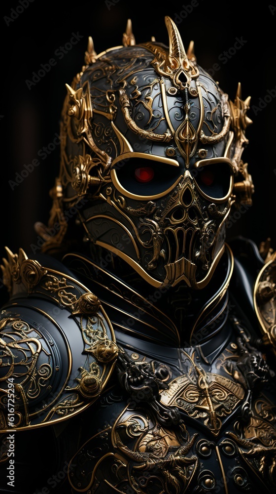 Steampunk knight in black with golden texture and glowing red eyes ...