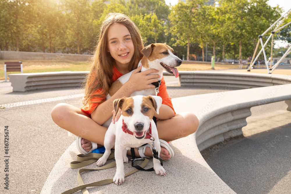 Two dogs and long haired teenager girl sitting in the park happy ...