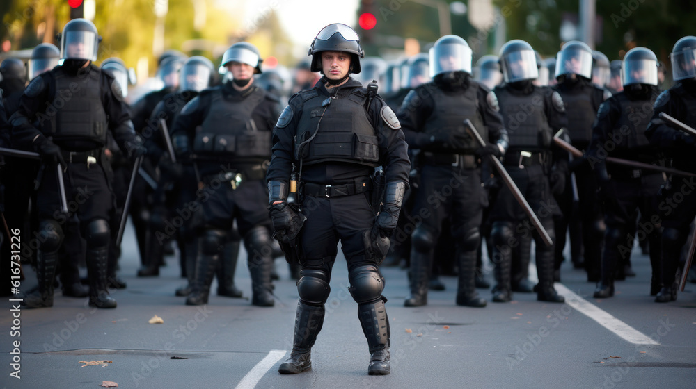 police in full gear on the street. police in hardhats, hard hats and ...