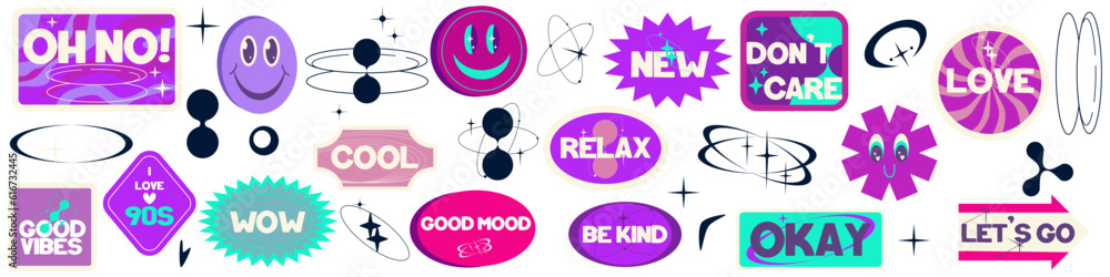Vetor de Y2k sticker trendy set. 90s design sticker with text okay, wow ...