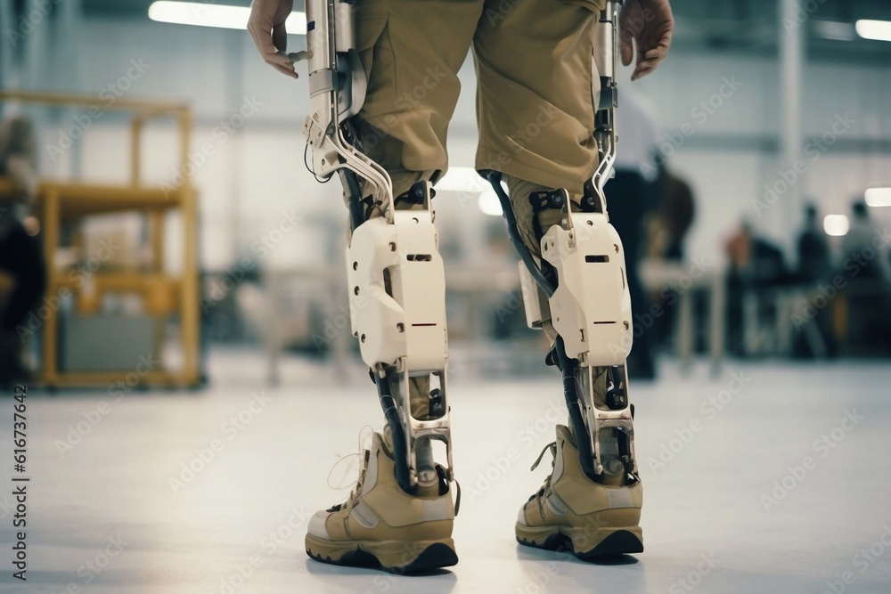 Legs of man in the robotic exoskeleton walking through the corridor of ...