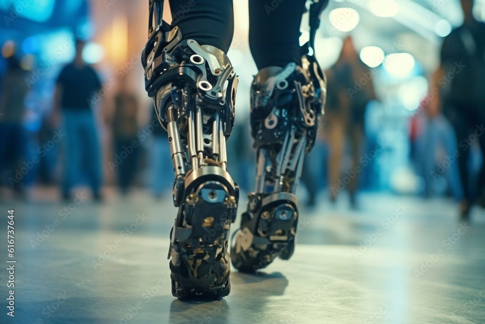 Legs of man in the robotic exoskeleton walking through the corridor of ...