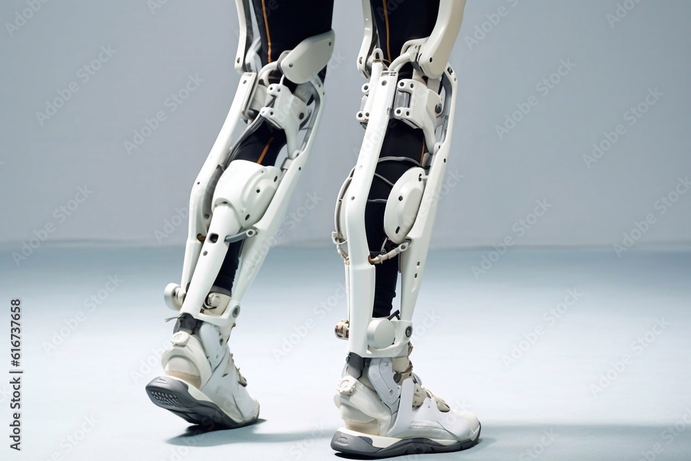 Legs of man in the robotic exoskeleton walking through the corridor of ...