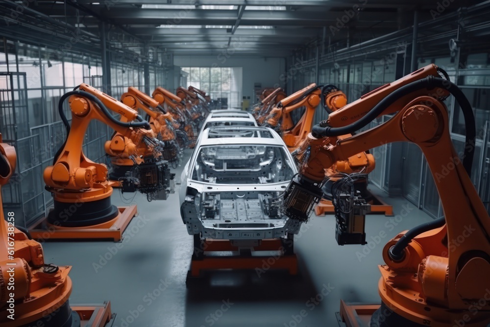 Robotic conveyor line for car assembly. Modern workshop with automated ...