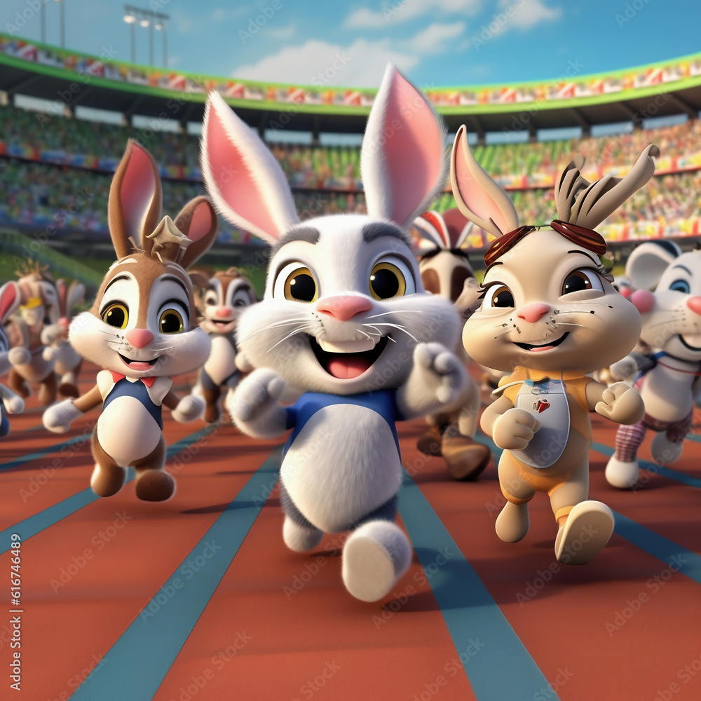 Rabbit running on the track. 3D illustration. Cartoon style. (Ai ...