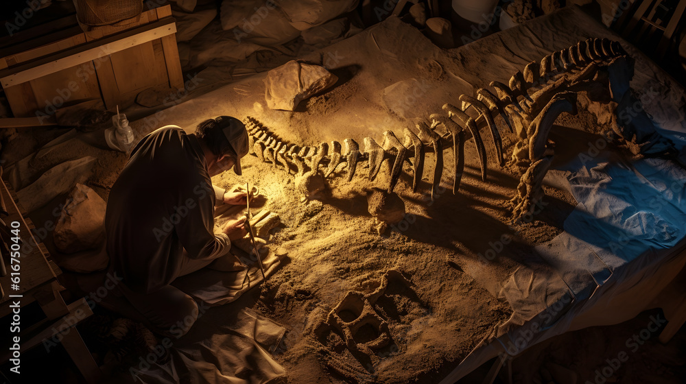 ภาพประกอบสต็อก Archeologists discover fossil, excavation digging site ...