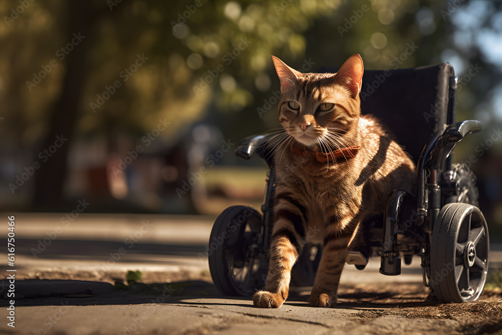 Handicapped cat in wheelchair at park, pet disabled walk in summer day ...